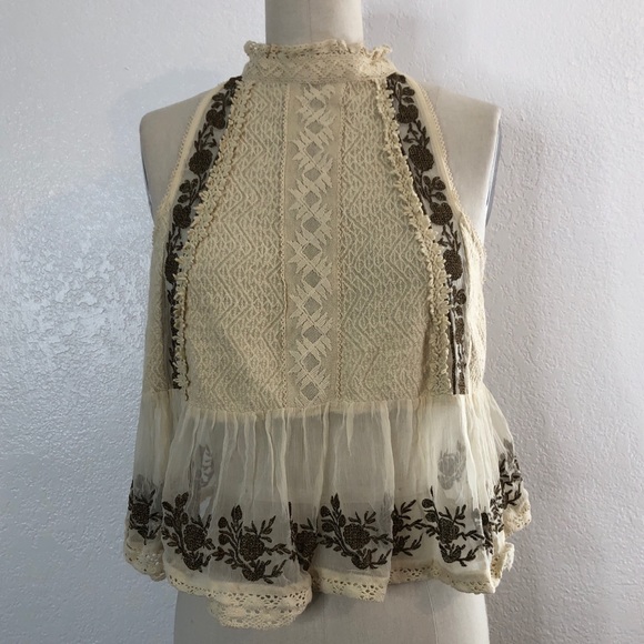 Ecote | Tops | New Boho Summer Boho Beige Embroidered Halter Top S ...